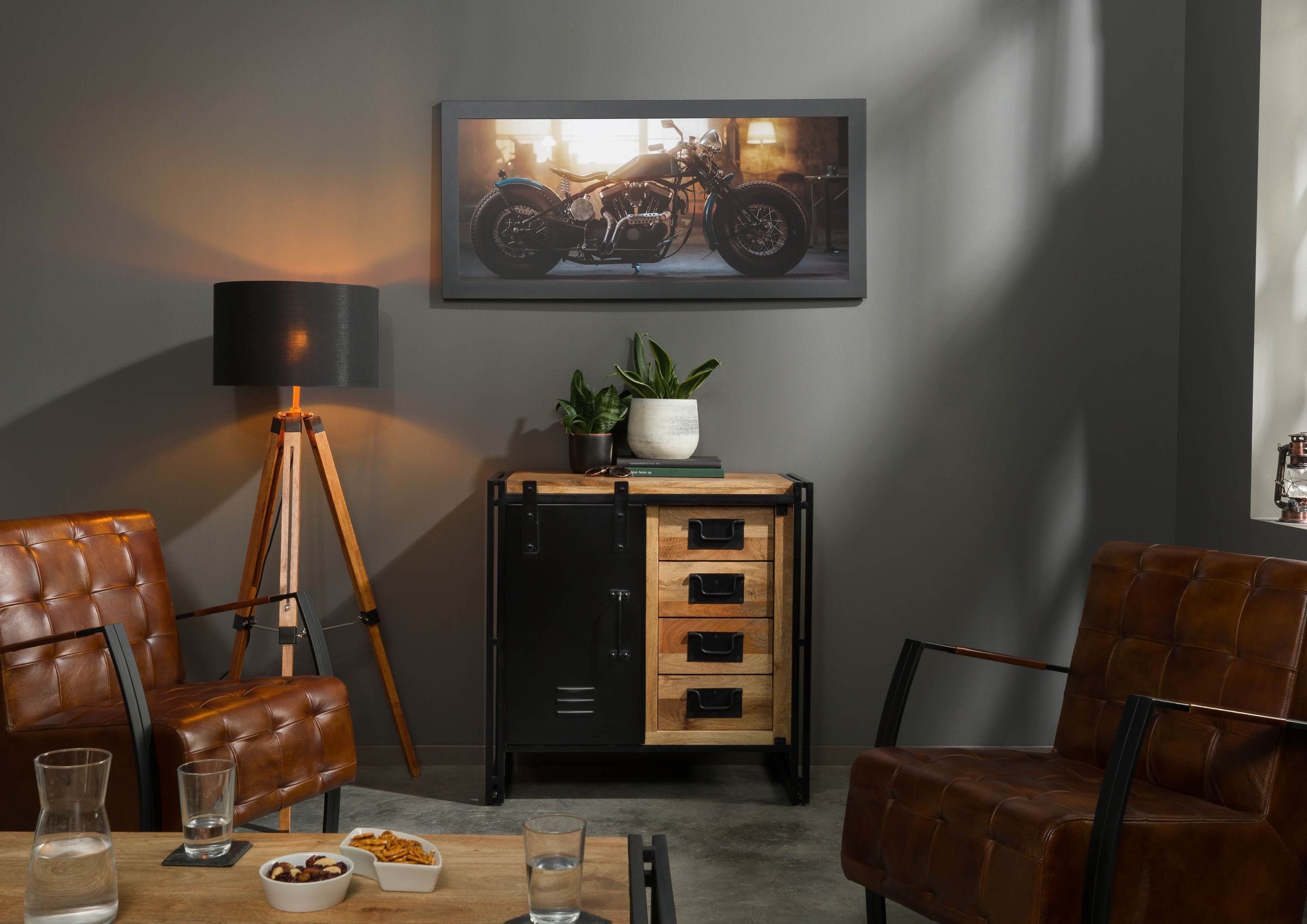 Massivmoebel24 Kommode Mango 90x45x90 Natur Lackiert Metall Schwarz