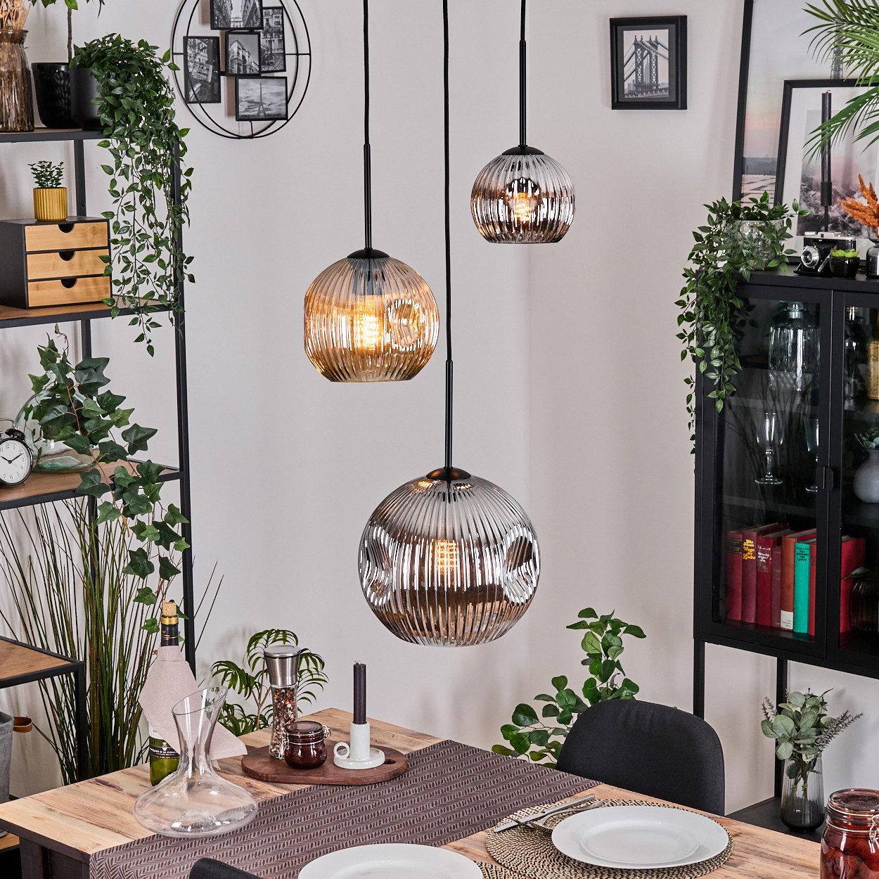 hofstein Hängeleuchte Hängelampe aus Metall/Riffelglas in Schwarz/Bernstein/Rauch/Chrom, ohne ...