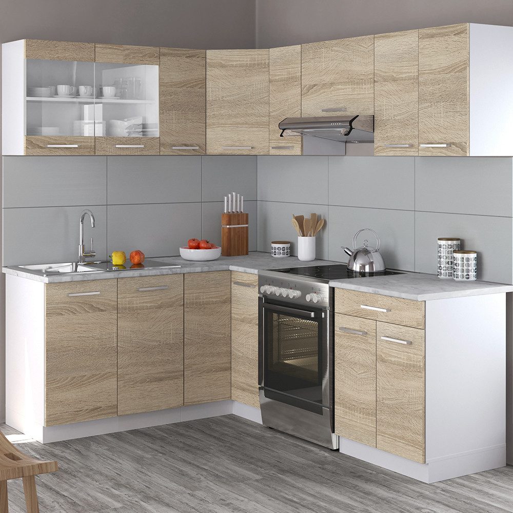 Vicco Winkelküche Rick, Weiß/Sonoma, 207 x 167 cm, AP Marmor