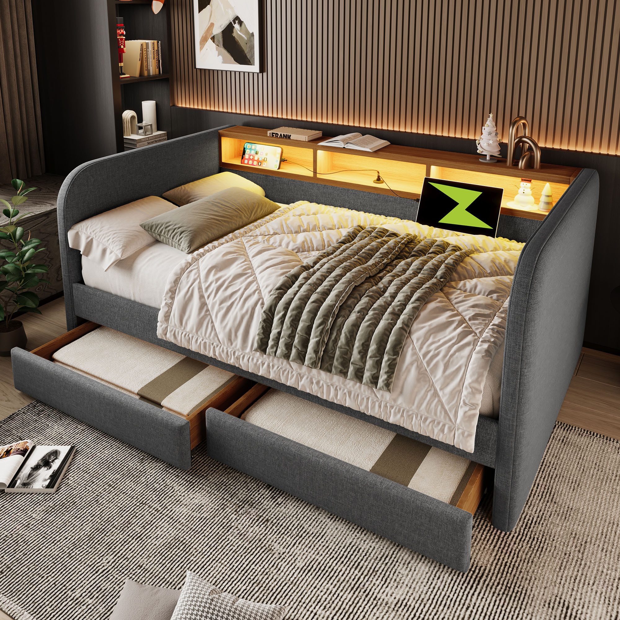 Flieks Polsterbett LED Daybett Kinderbett 140x190cm mit Ladefunktion und 2 Schubladen