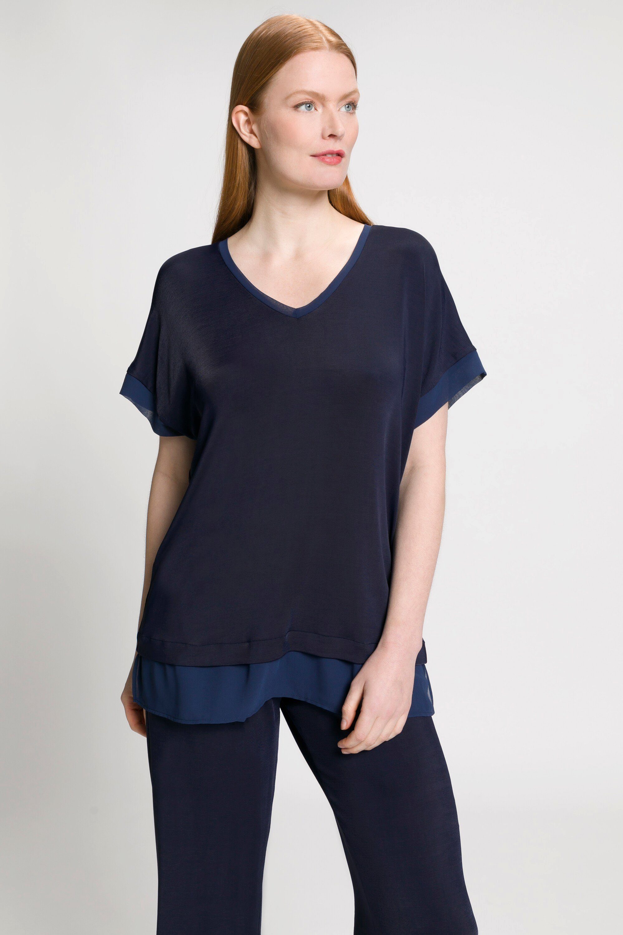 Ulla Popken Rundhalsshirt Slinkyshirt A Linie V Ausschnitt Halbarm