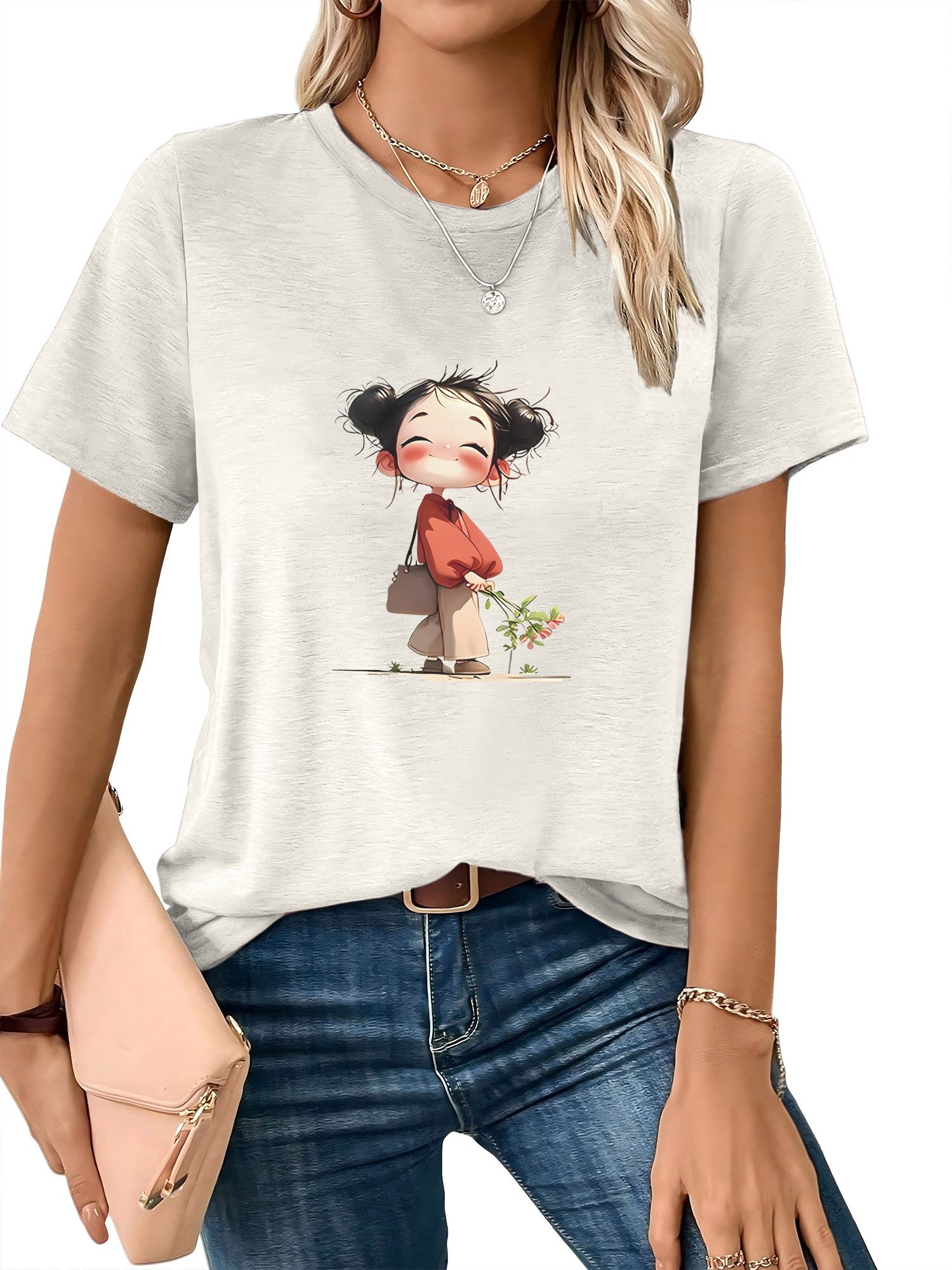 Pyl Print Shirt Damen Sommer Casual Bequemes T Shirt Mit Süßes Mädchen