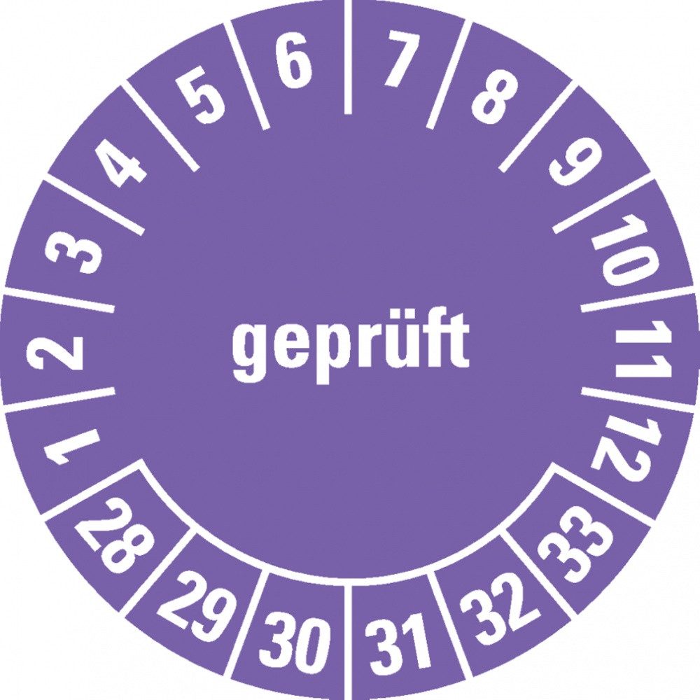 ᐅ Dreifke Hinweisschild Prüfplakette geprüft 28-33, violett/weiß, Dokufolie, selbstkl., Ø30mm ...