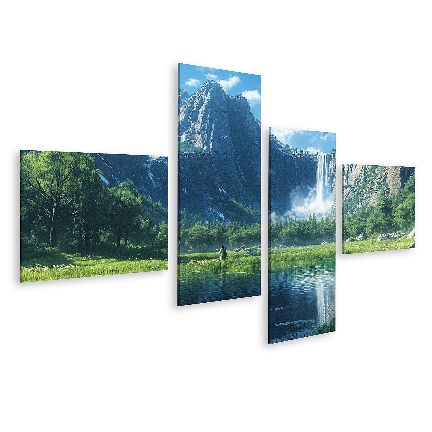 islandburner Leinwandbild, Bergsee mit Wasserfall und grünen Wiesen, Format inkl. Abstand ...