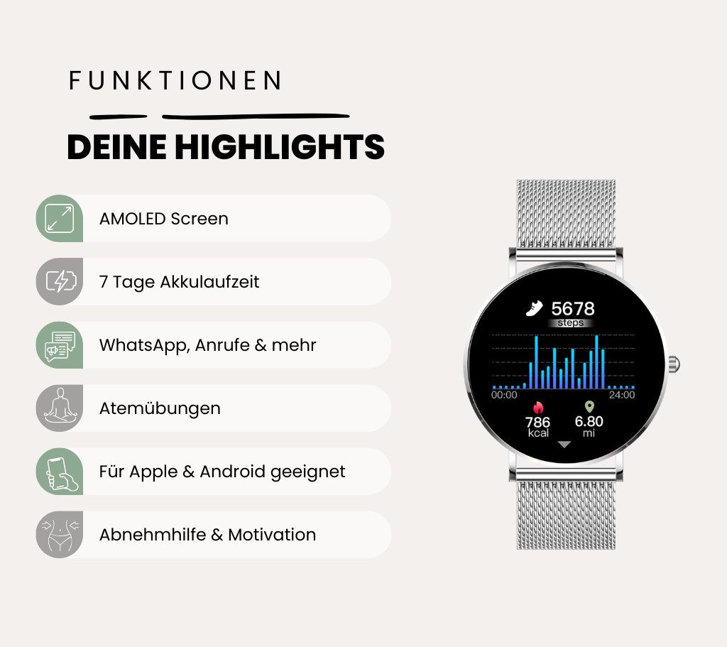 XCOAST SIONA2 UNISEX Smartwatch (4,2 cm/1,3 Zoll, iOS, Android ...