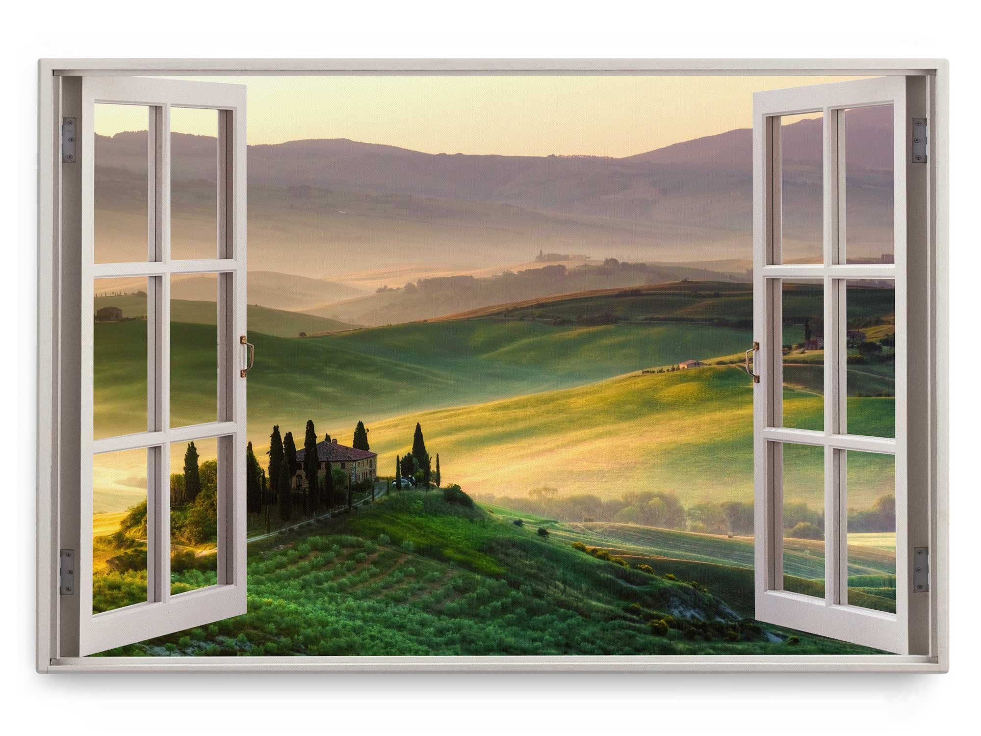 Sinus Art Leinwandbild Wandbild 120x80cm Fensterbild Italien Toskana Landschaft Natur Grün La ...