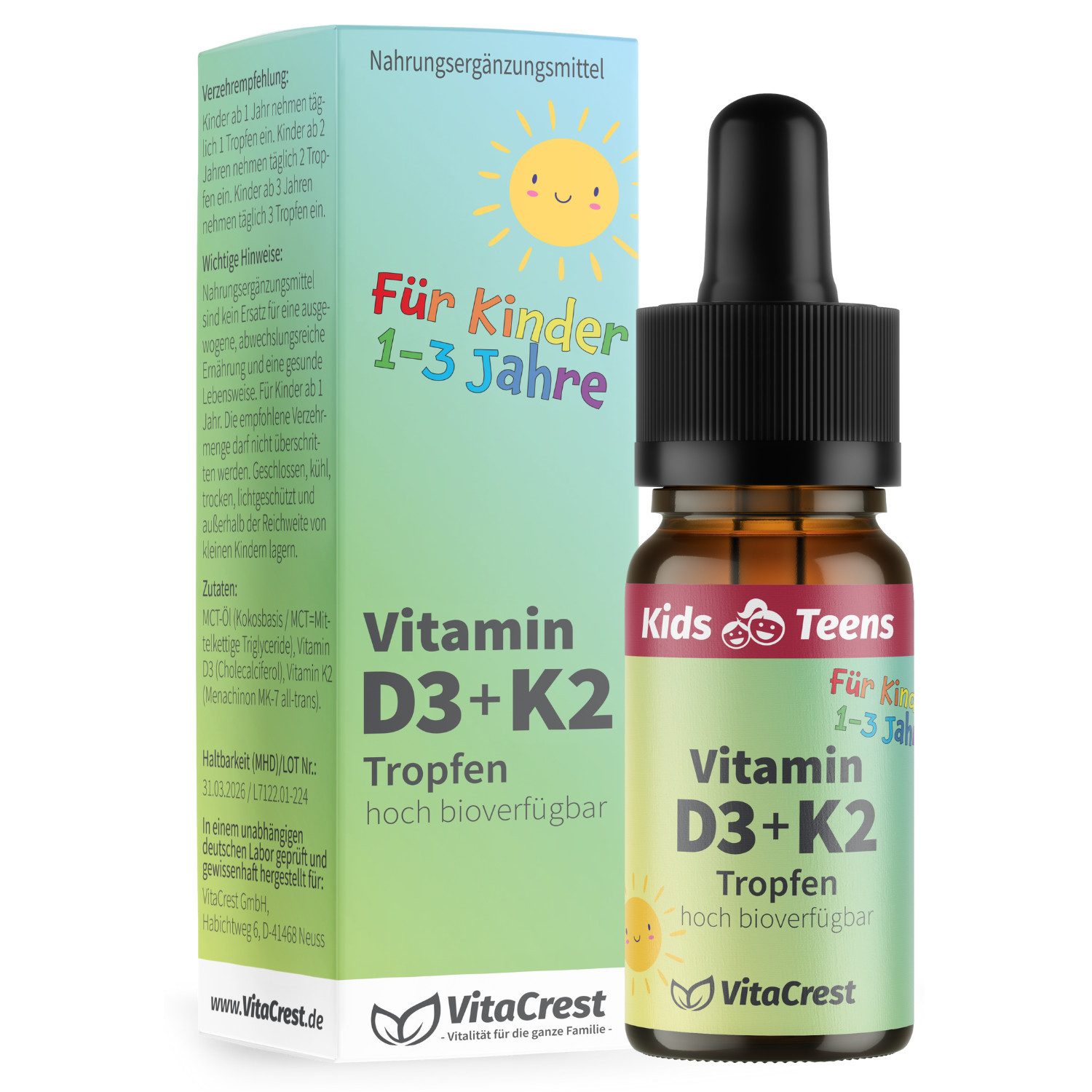 VitaCrest Vitamin D3 + K2 Tropfen für Kinder ab 1 Jahr, kindgerecht dosierte Tropfen, 10 ml
