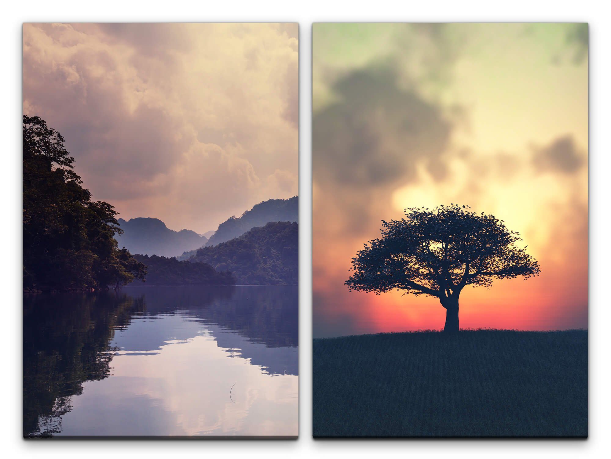 Sinus Art Leinwandbild 2 Bilder Je 60x90cm Natur See Berge Baum Wolken