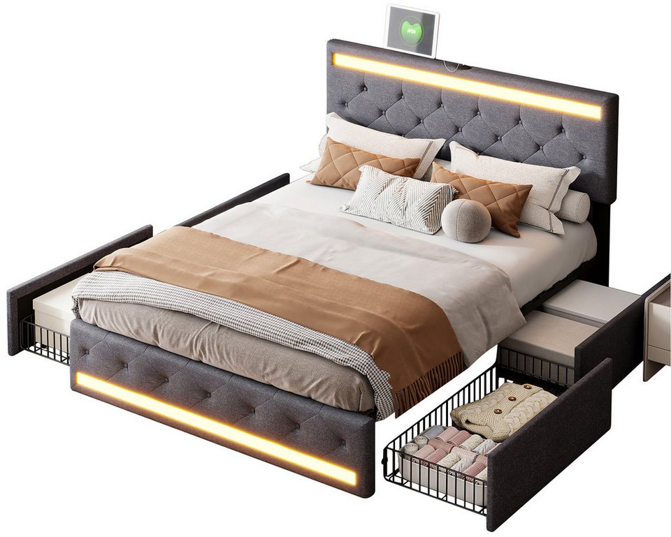 Furokoy Polsterbett Doppelbett Stauraumbett Mit Led Beleuchtung Und 4