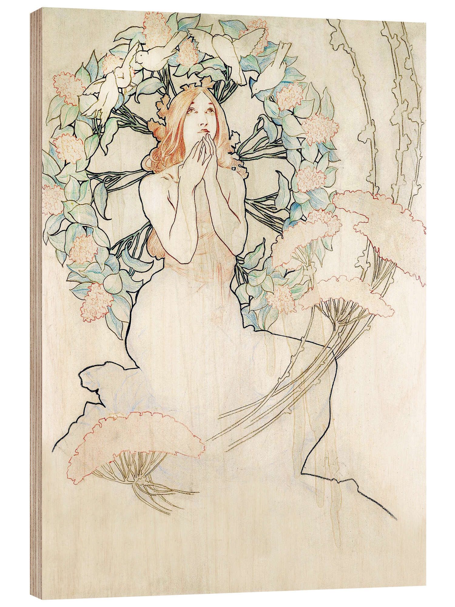 Posterlounge Holzbild Alfons Mucha, Studie für Monte-Carlo, Wohnzimmer Vintage Malerei