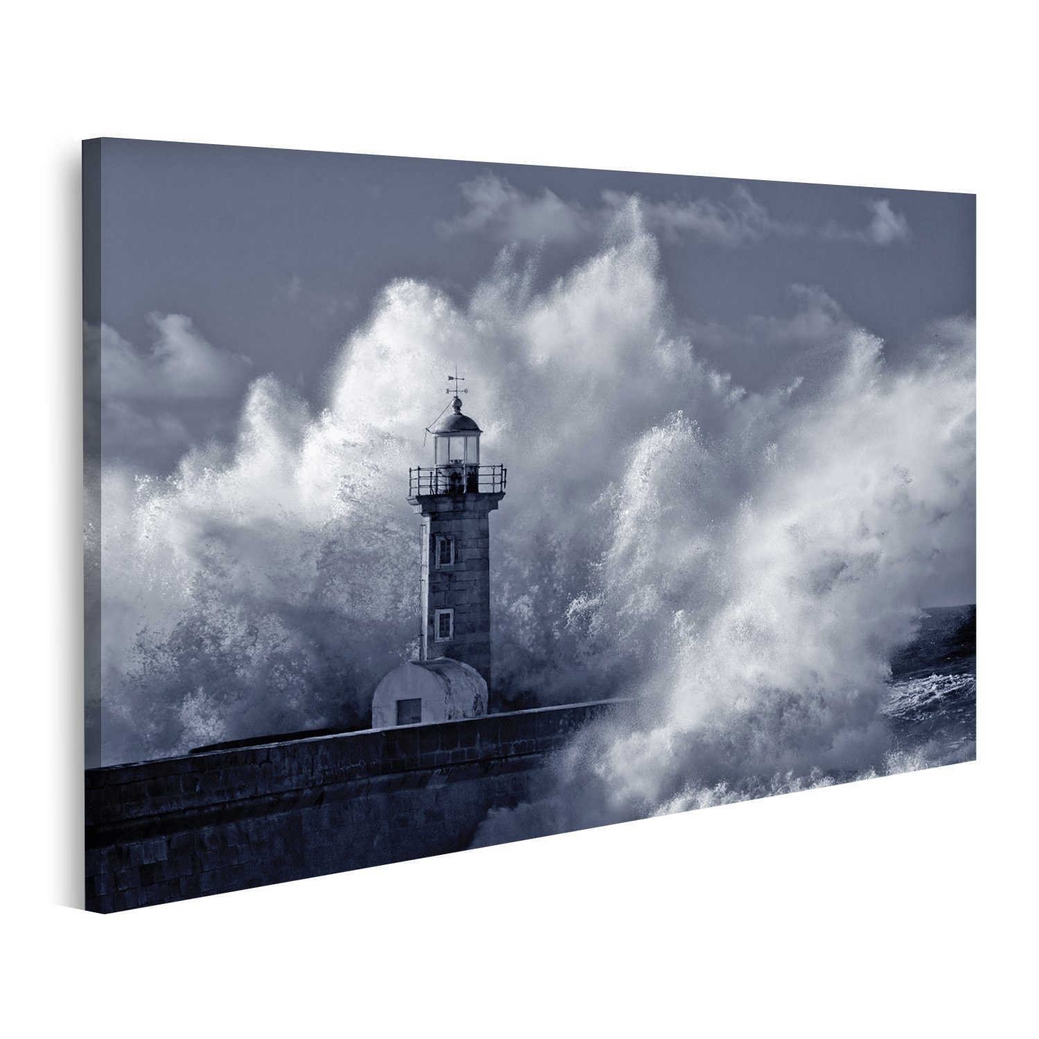 islandburner Leinwandbild Bild auf Leinwand Große Ozean Stürmischen Wellen Über Alte Leuchtturm