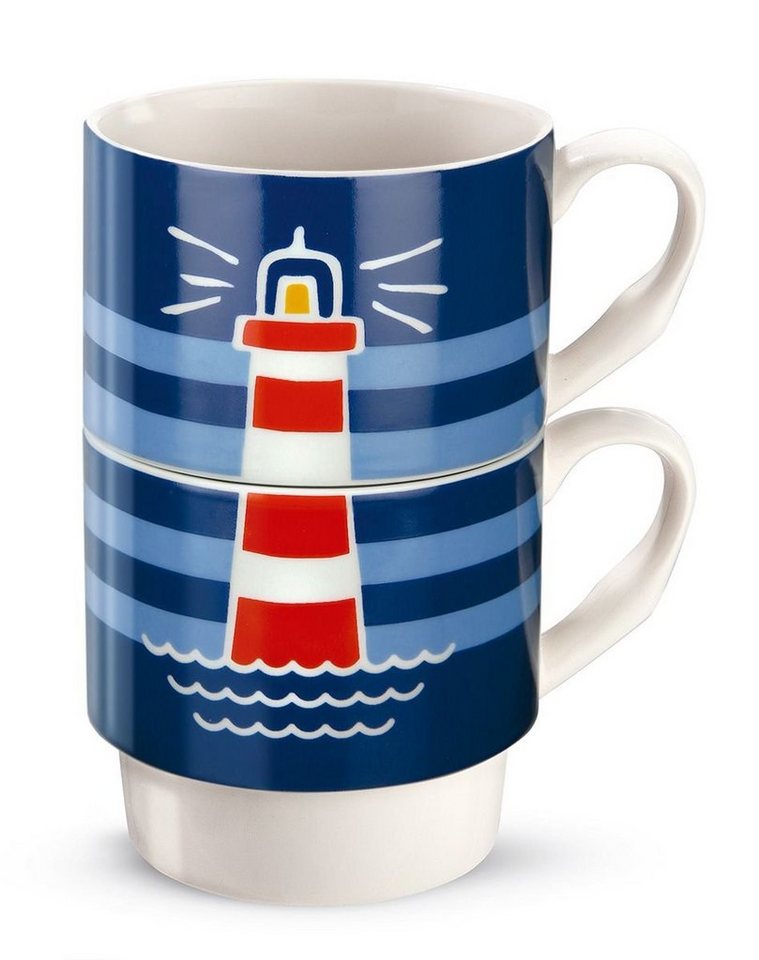 Gilde Dekoobjekt 6er Set Porzell 2tlg Stapeltasse Leuchtturm Weißblau