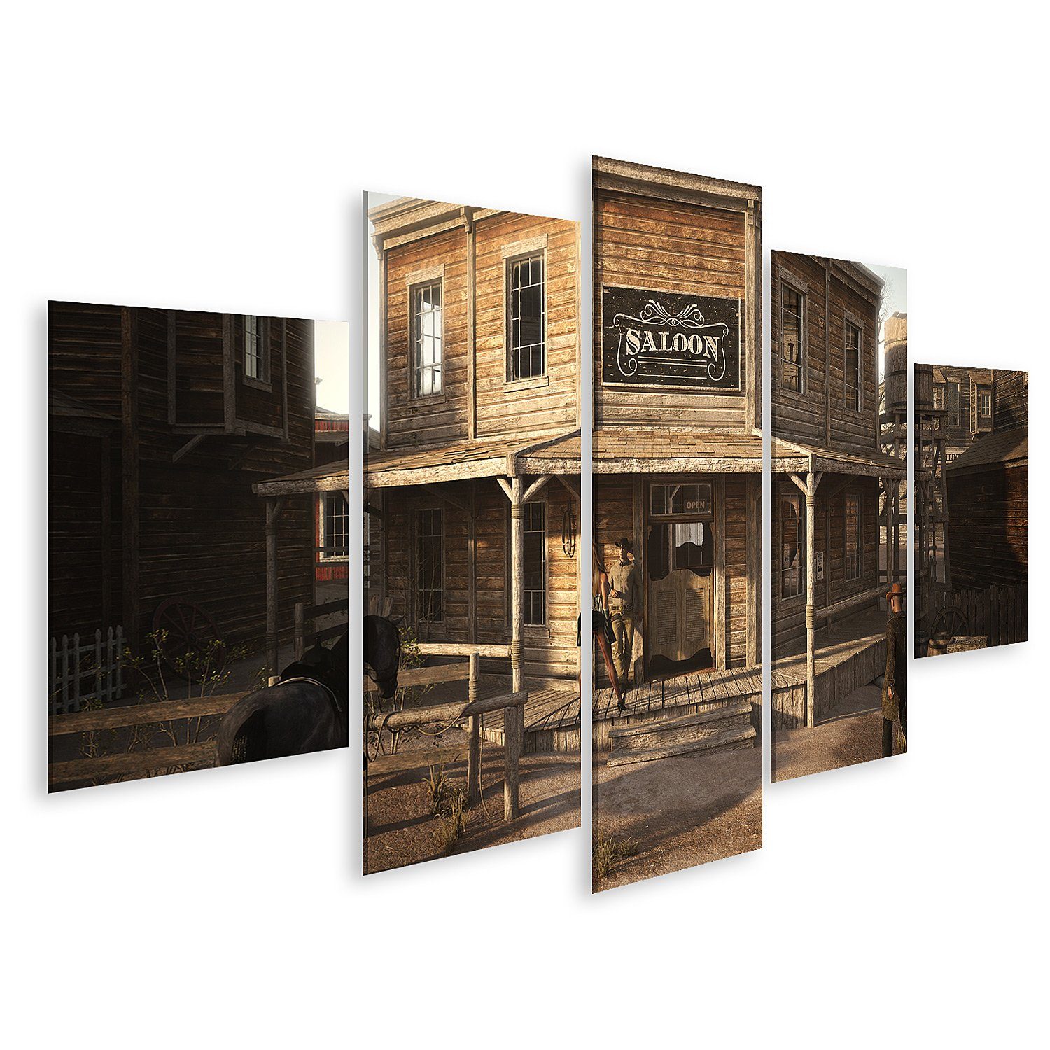 islandburner Leinwandbild Bild auf Leinwand Belebte Westernstadt Saloon mit verschiedenen Geschä