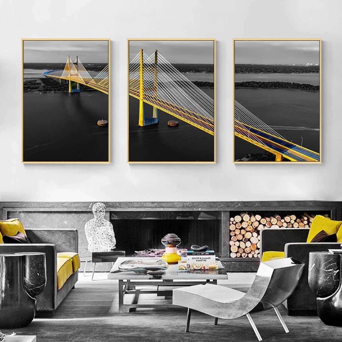 TPFLiving Kunstdruck (OHNE RAHMEN) Poster - Leinwand - Wandbild, Gelbe Brücke auf grauem und ...