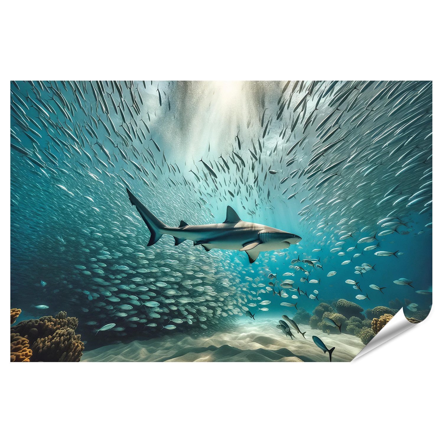 islandburner Poster Sonnenlicht im Meer: Hai gleitet durch Fischschwarm