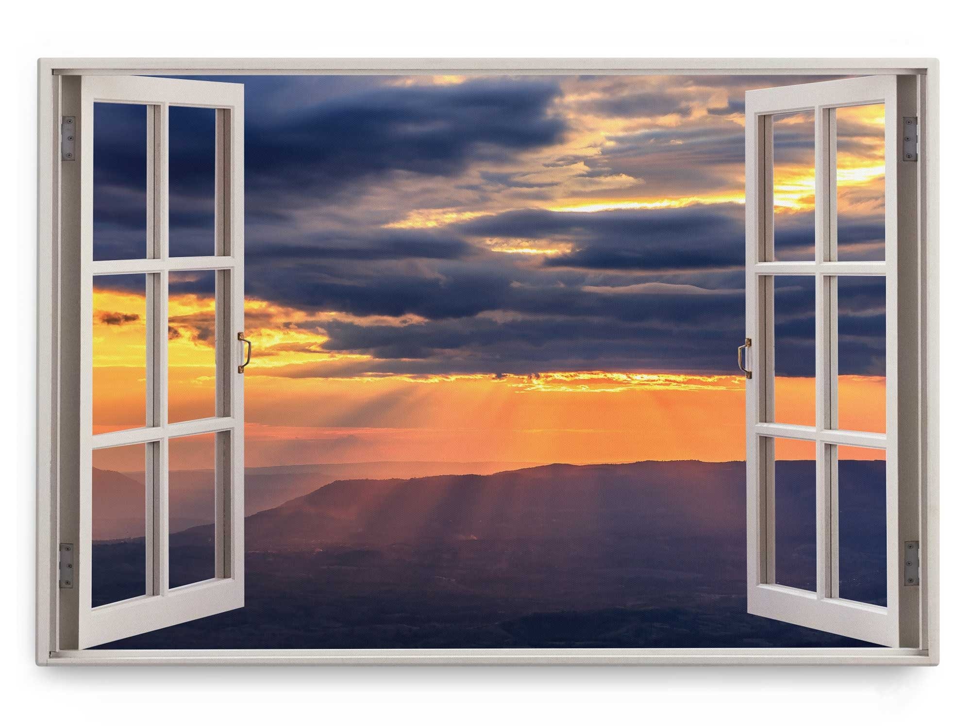 Sinus Art Leinwandbild Wandbild 120x80cm Fensterbild Abendrot Sonnenuntergang Berge roter Him ...