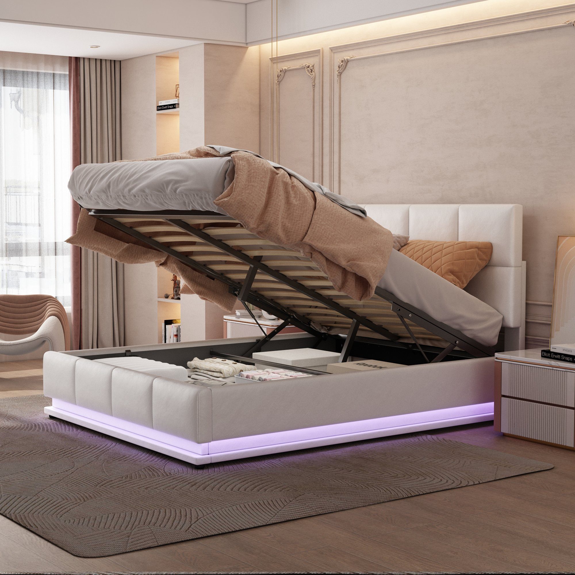 Flieks Polsterbett Mit Led Beleuchtung Lattenrost Und Stauraum