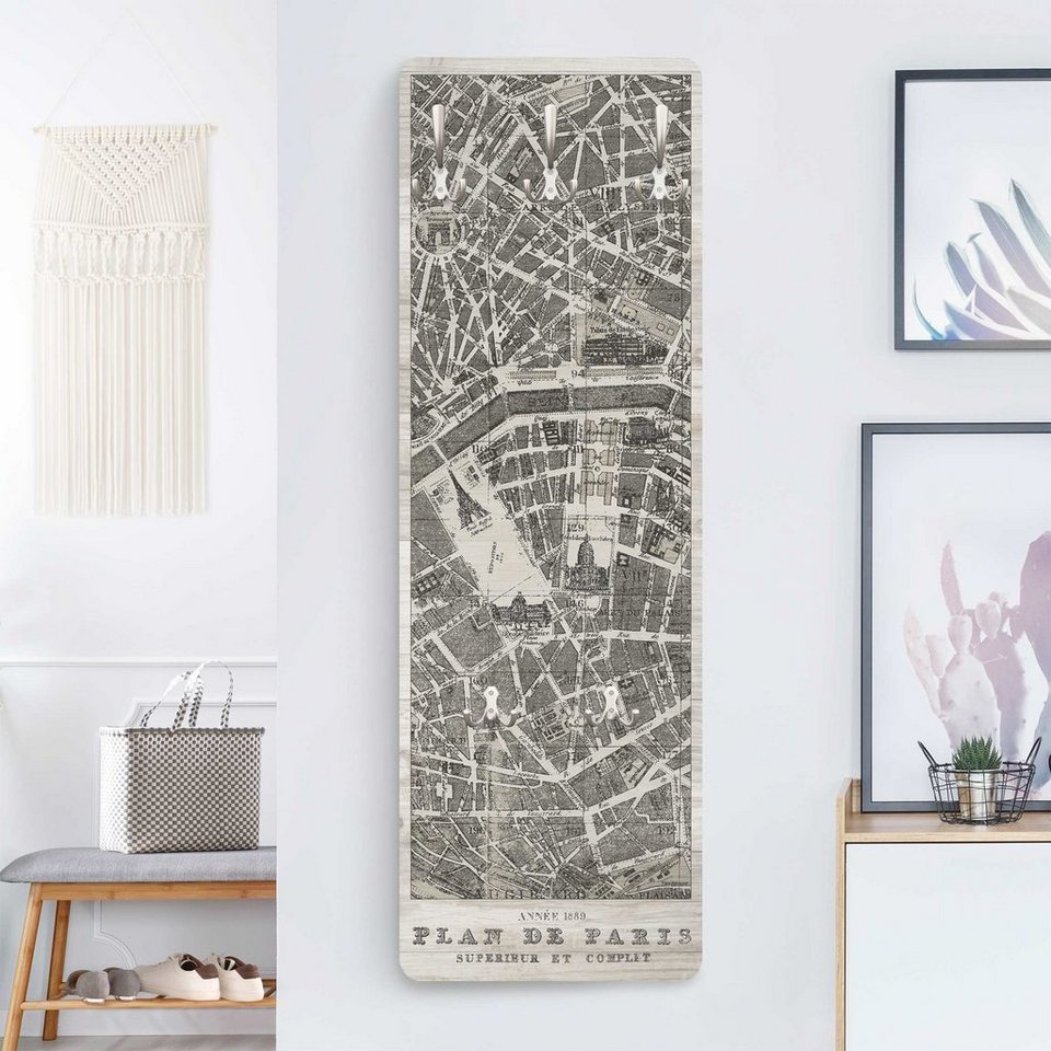 Bilderdepot24 Garderobenpaneel Grau Retro Vintage Weltkarte Städte