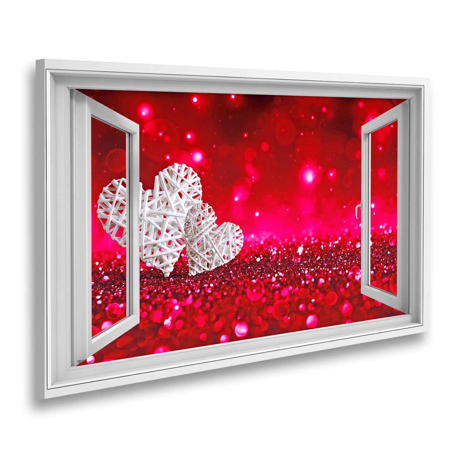 islandburner Leinwandbild Fensterblick Zwei Weidenherzen auf rotem Glitzerglitzer Sagenhafter Ef