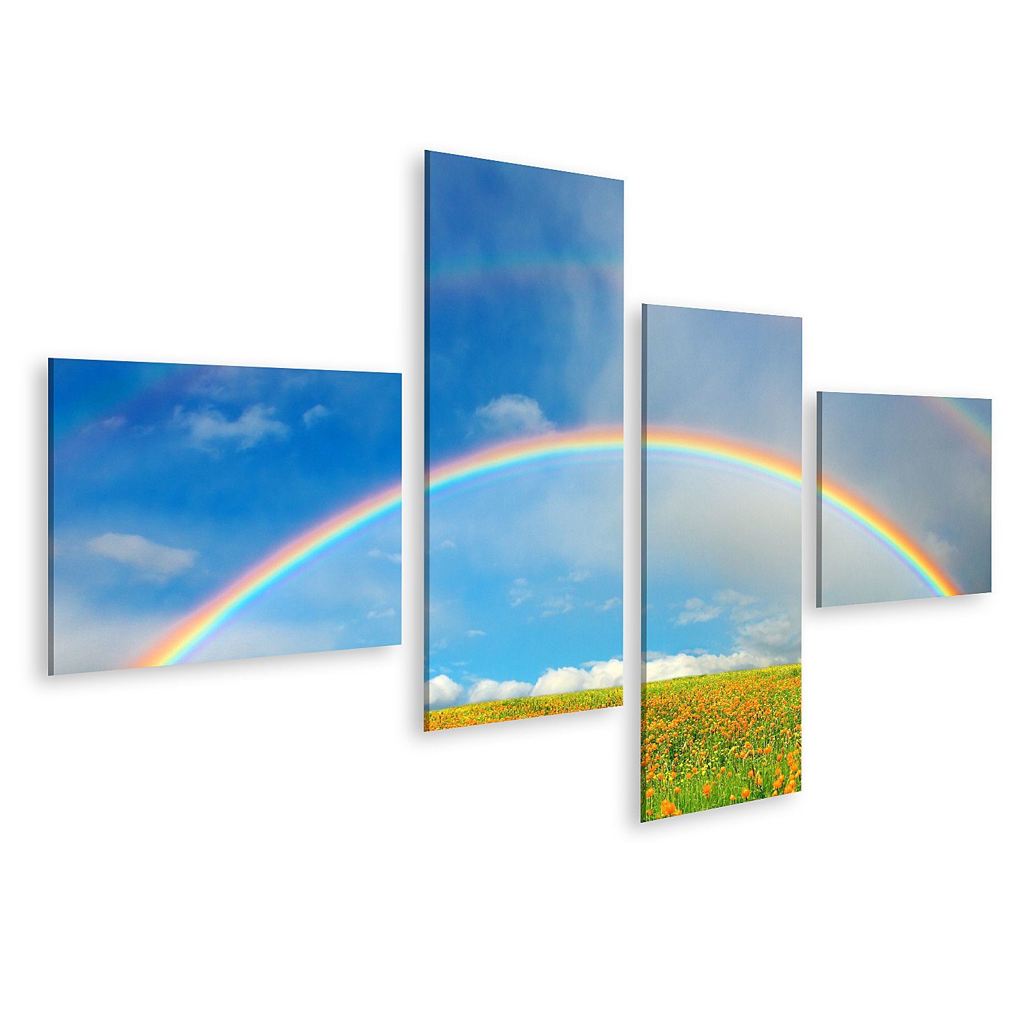 islandburner Leinwandbild Bild auf Leinwand Landschaft mit blühendem Feld und Regenbogen Wandbil