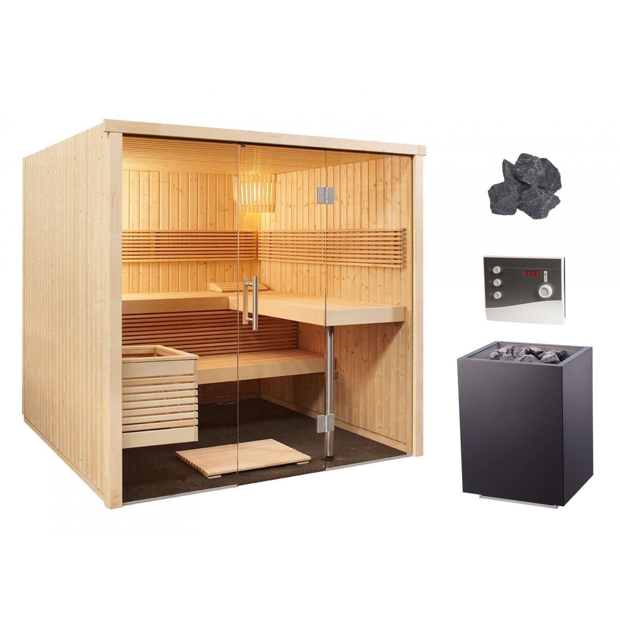 Sentiotec Sauna Sentiotec Panorama Large Komplettsauna aus Fichte Saunakabine