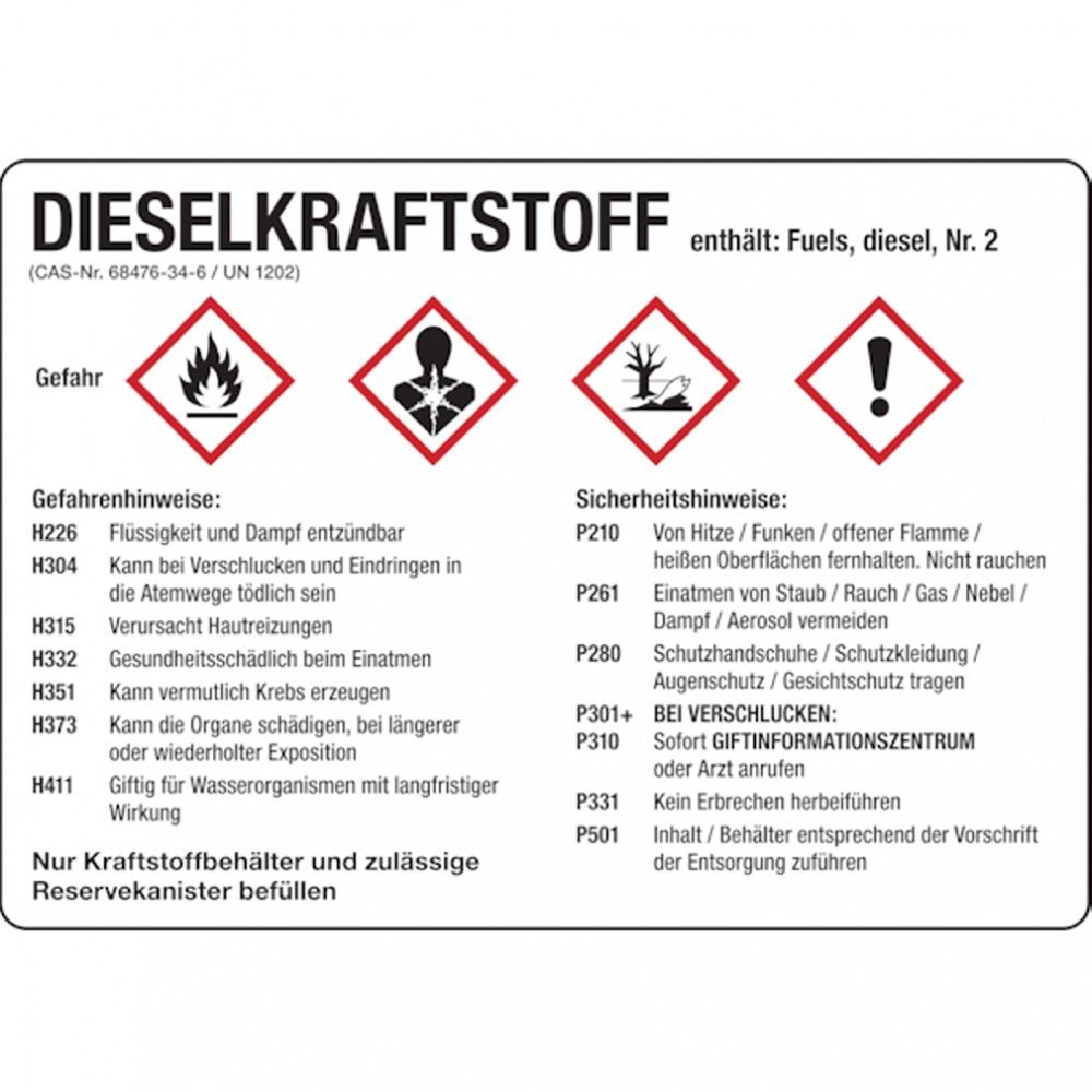 König Werbeanlagen Hinweisschild Gefahrstoffetikett, Dieselkraftstoff, Folie, mit H- und P ...