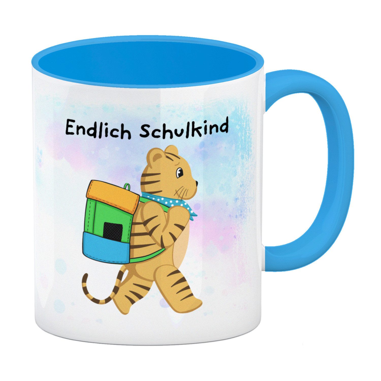 speecheese Tasse Endlich Schulkind Tiger Kaffeebecher Hellblau für die Einschulung