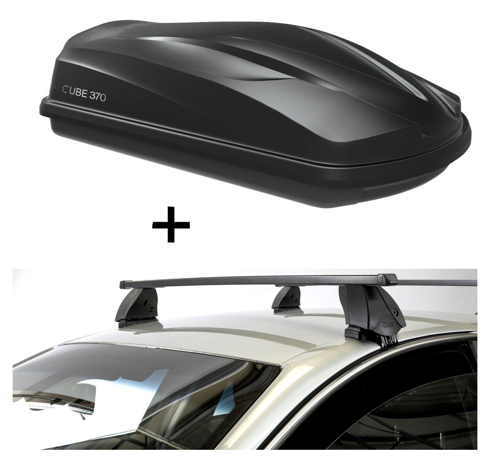 Fahrradhalter, Dachbox CUBE370 370 Liter schwarz + Dachträger K1 MEDIUM kompatibel mit Hyundai ...