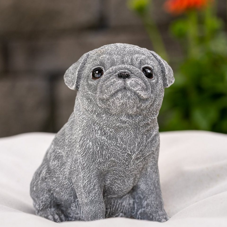 Antikas Gartenfigur Mops Welpe Klein Steinguss Grau H 15 Cm X T 11 Cm