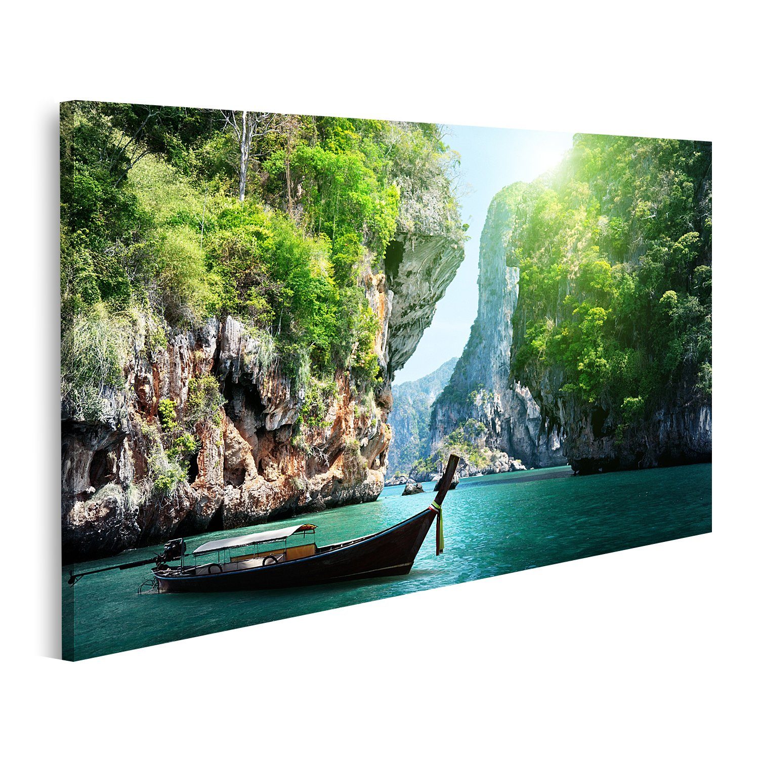 islandburner Leinwandbild Bild auf Leinwand Langes Boot und Felsen am Railay Beach in Thailand W