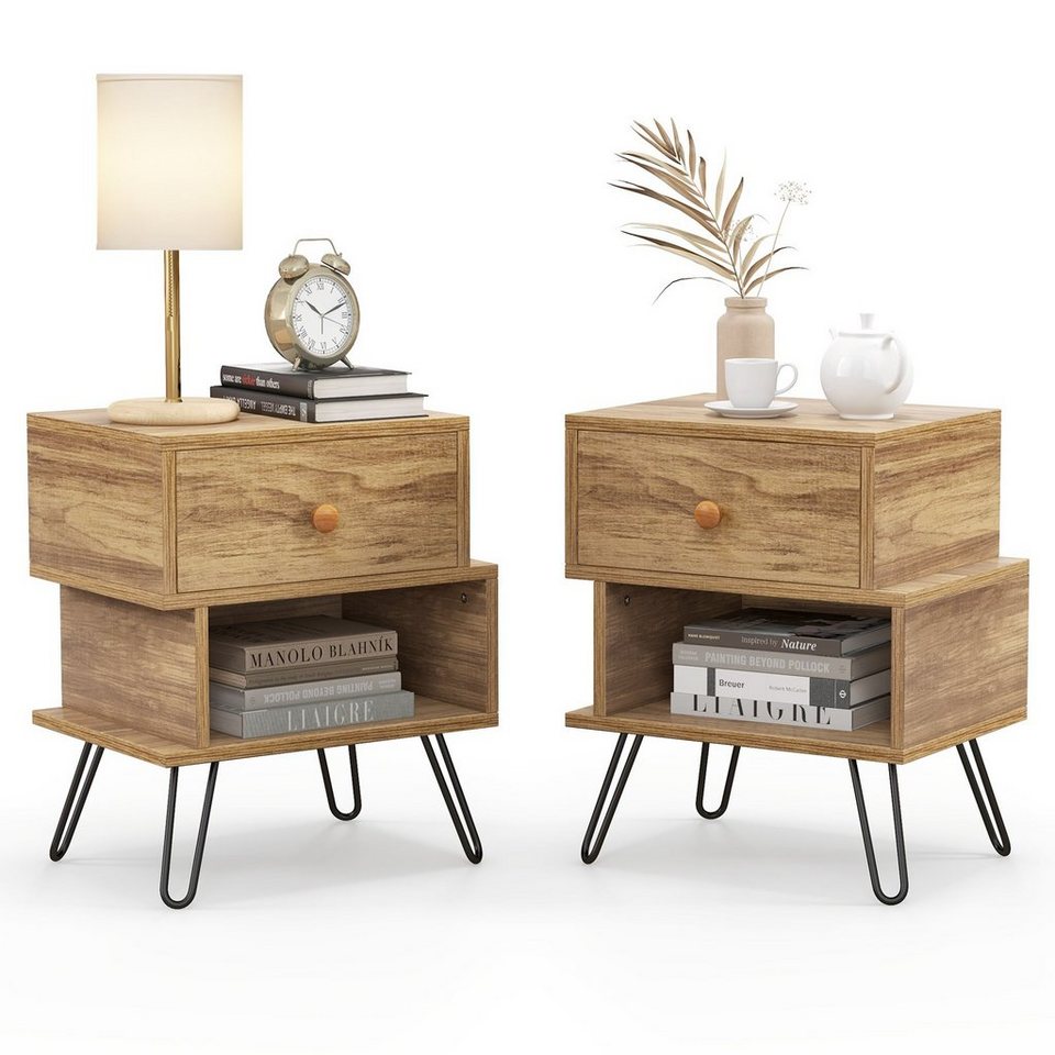 Costway Nachttisch 2er Set Mit Schublade And Offenem Fach Holz 39x29x47cm
