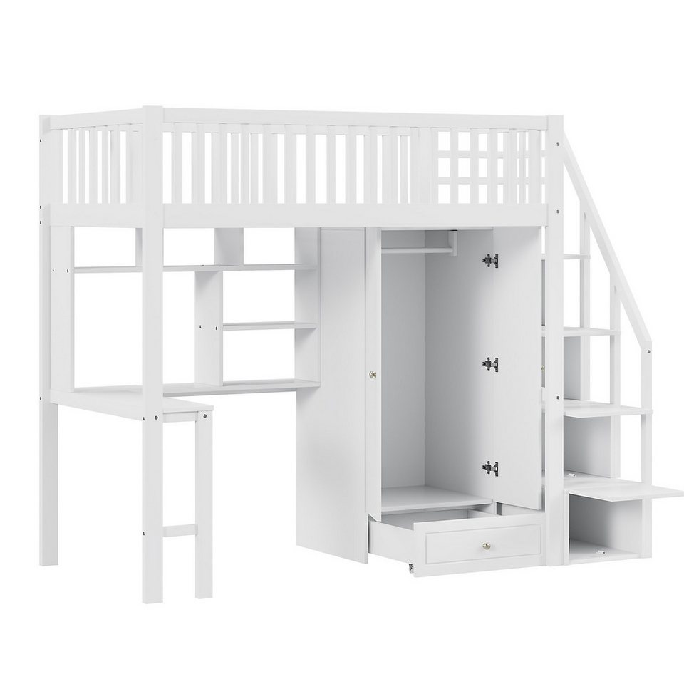 Rutaqian Hochbett Kiefernholzbett Kinderbett Einzelbett Holzbett 90x200