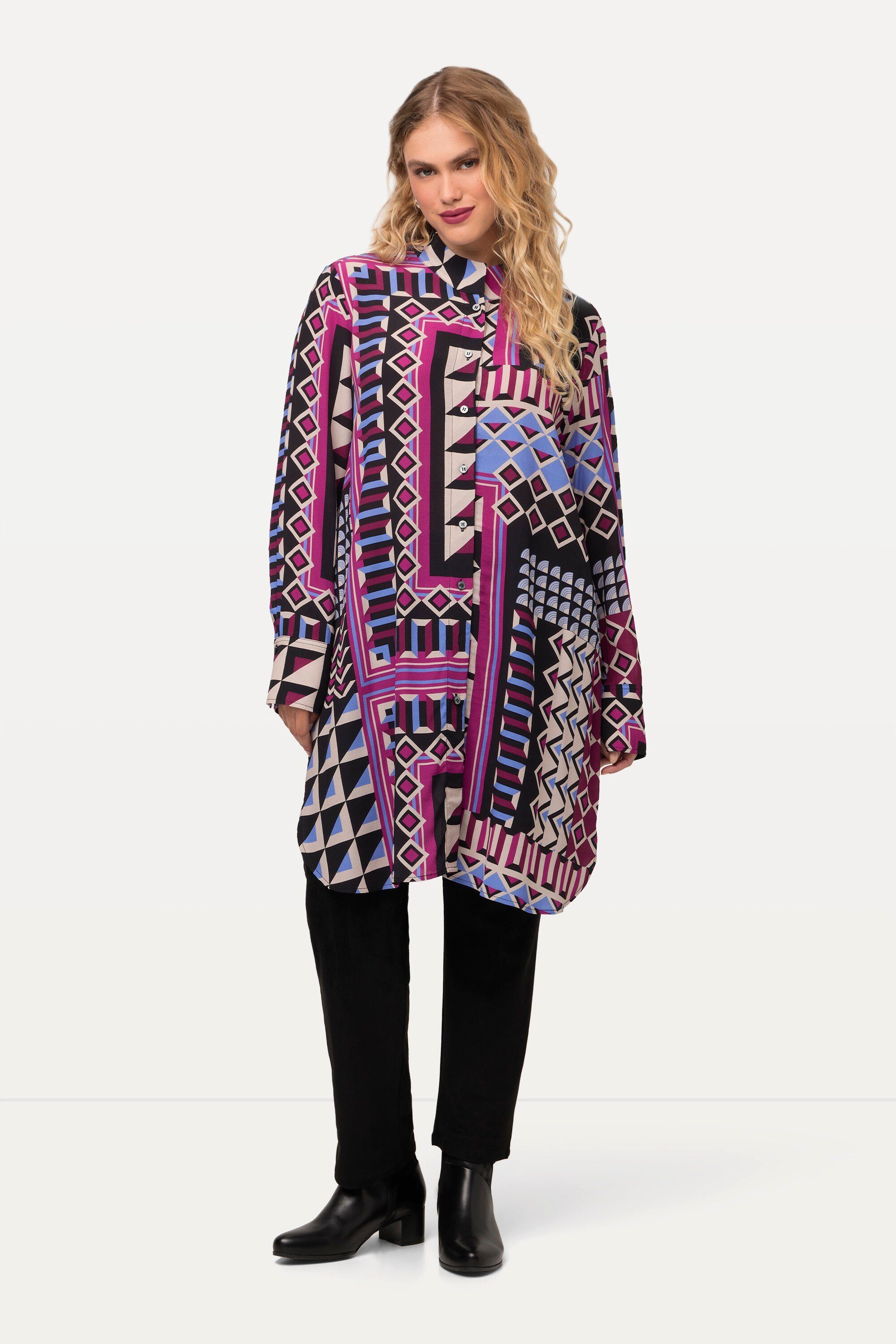 Ulla Popken Longbluse Longbluse Patchdruck A Linie Stehkragen Langarm