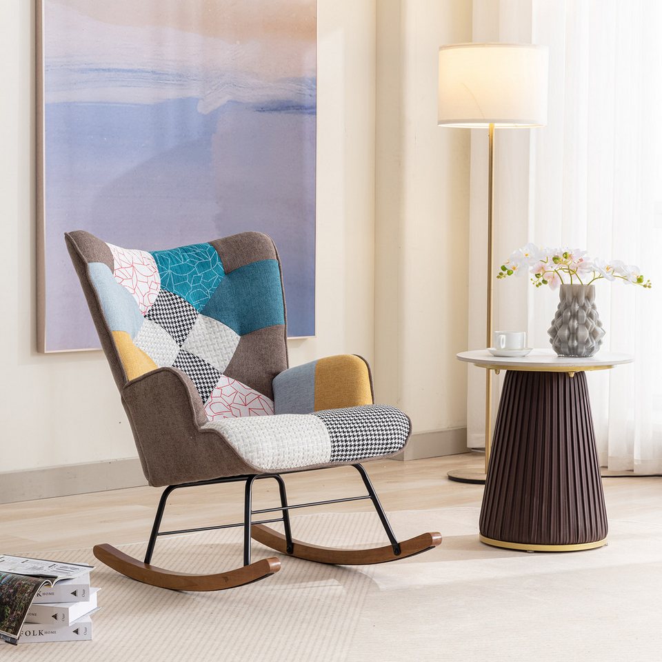 Modfu Schaukelstuhl Relaxsessel Patchwork Schwingsessel Holzsockel