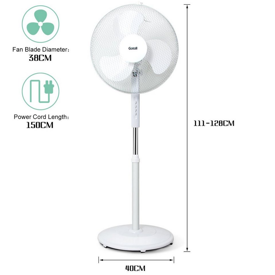 Gotoll Standventilator Glzf16 70 ° Oszillation 40cm Ventilator Mit 3
