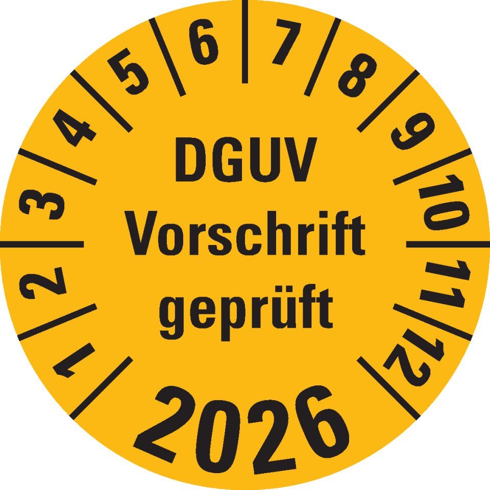 König Werbeanlagen Hinweisschild Prüfplak. DGUV Vorschrift geprüft 2026,gelb,Doku.folie,Ø 30mm ...