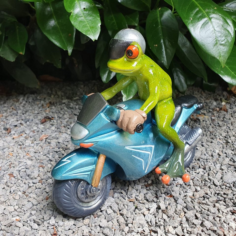 Aspinaworld Gartenfigur Frosch Figur Auf Blauem Motorrad 14 Cm Figur