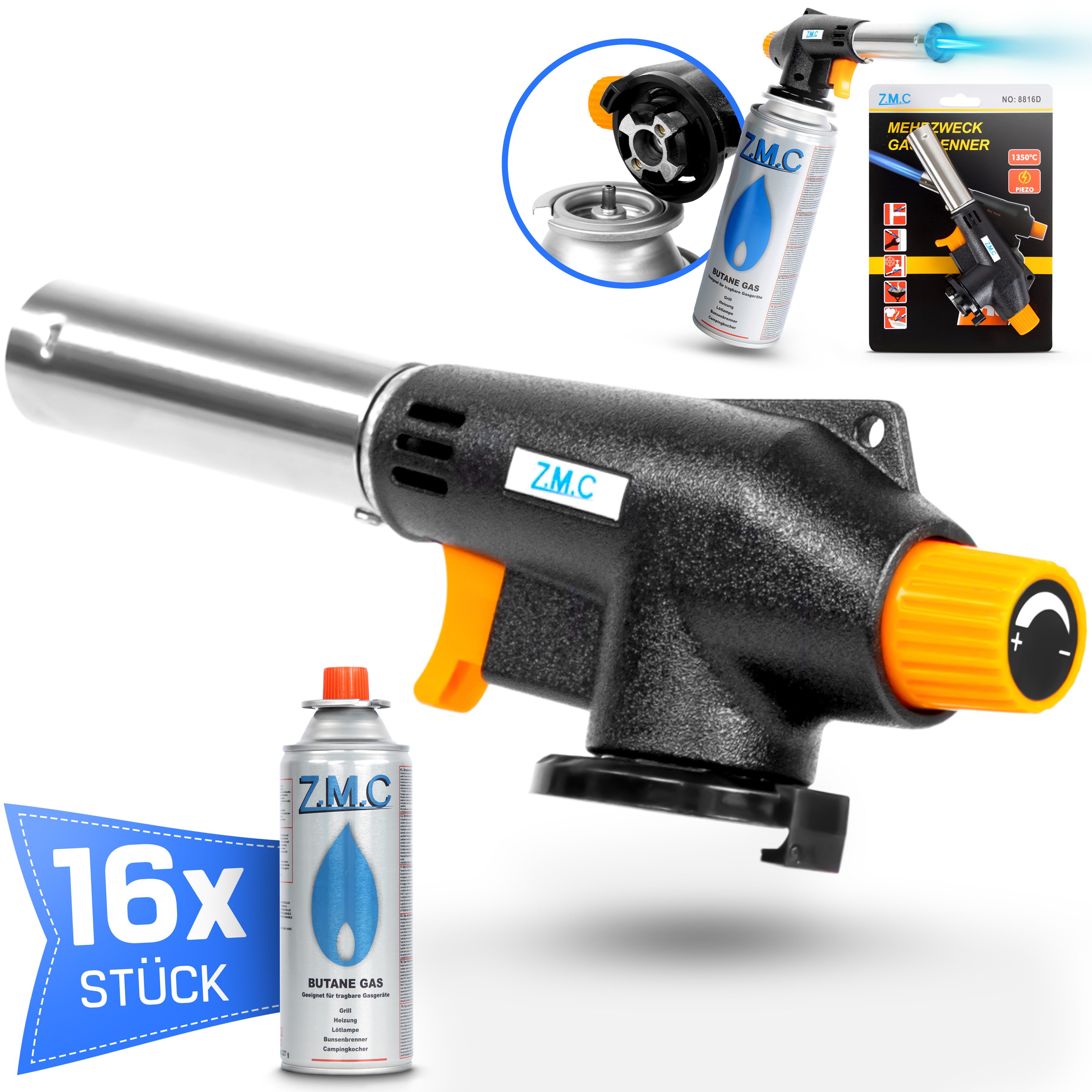 ZMC Flambierbrenner Bunsenbrenner Grillanzünder Lötlampe mit 16 Gaskartuschen 227g MSF-1a ...
