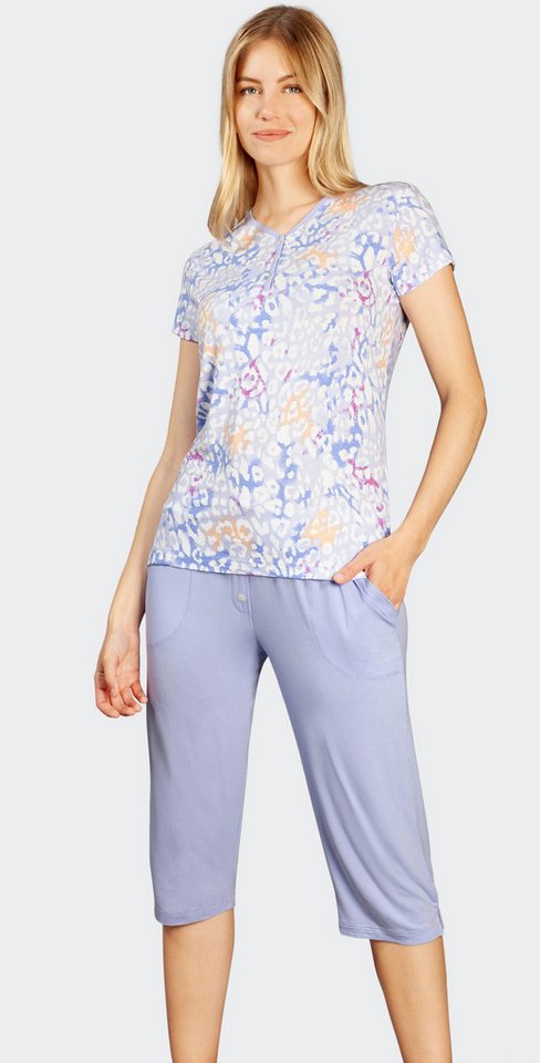 Hajo Schlafanzug Damen Pyjama Mit Caprihose 2 Tlg Baumwolle Lila
