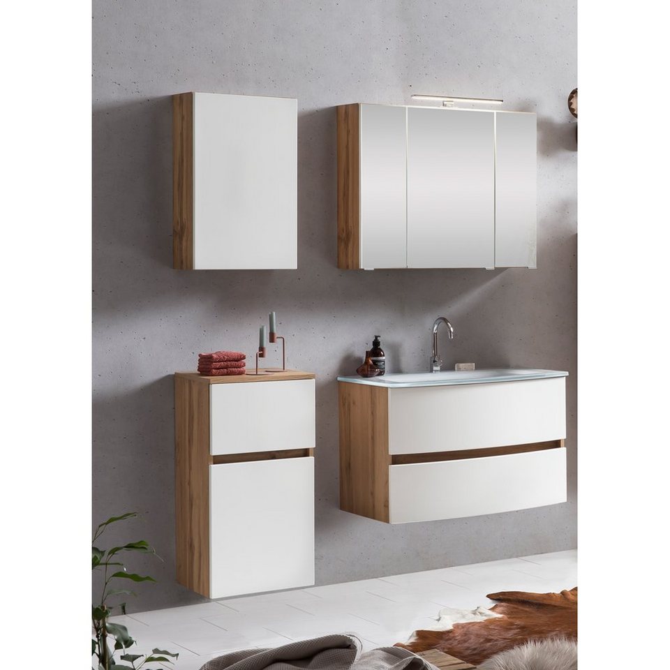 Lomadox Badmöbel Set Lauria 03 Spar Set 4 St Eiche Matt Weiß