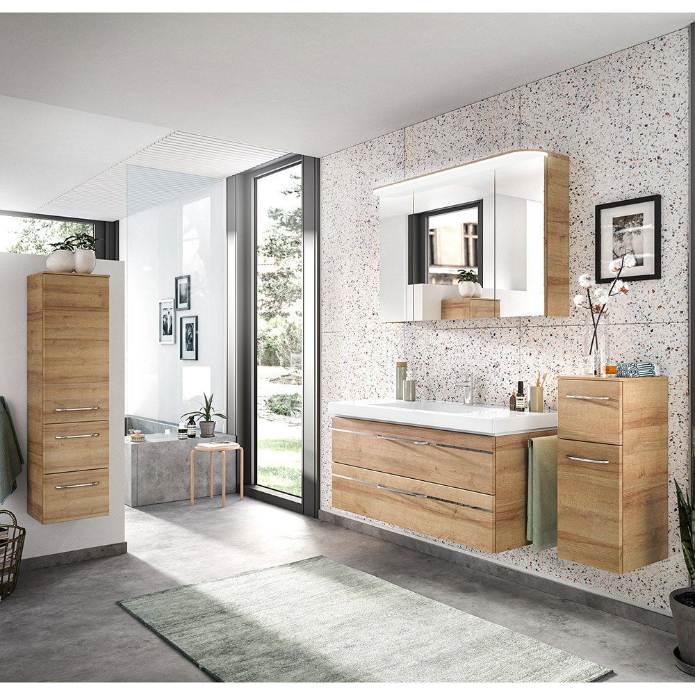 Lomadox Badmöbel-Set BUDVA-66, (Spar-Set, 4-St), Riviera Eiche quer Nb. inkl. Beleuchtung und ...