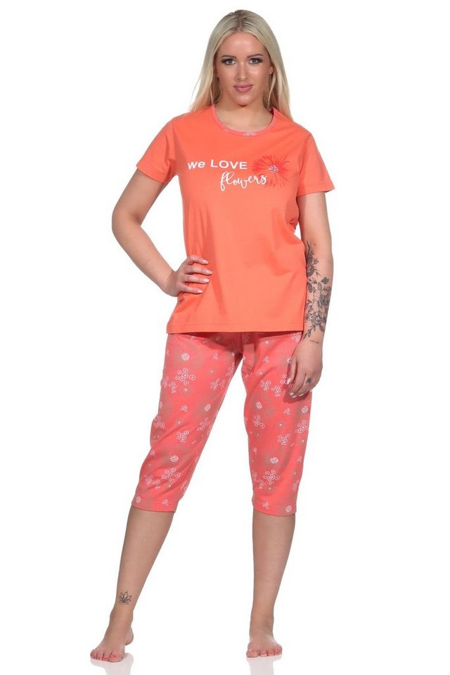 Normann Pyjama Damen Kurzarm Schlafanzug Mit Caprihose In Geblümter Optik