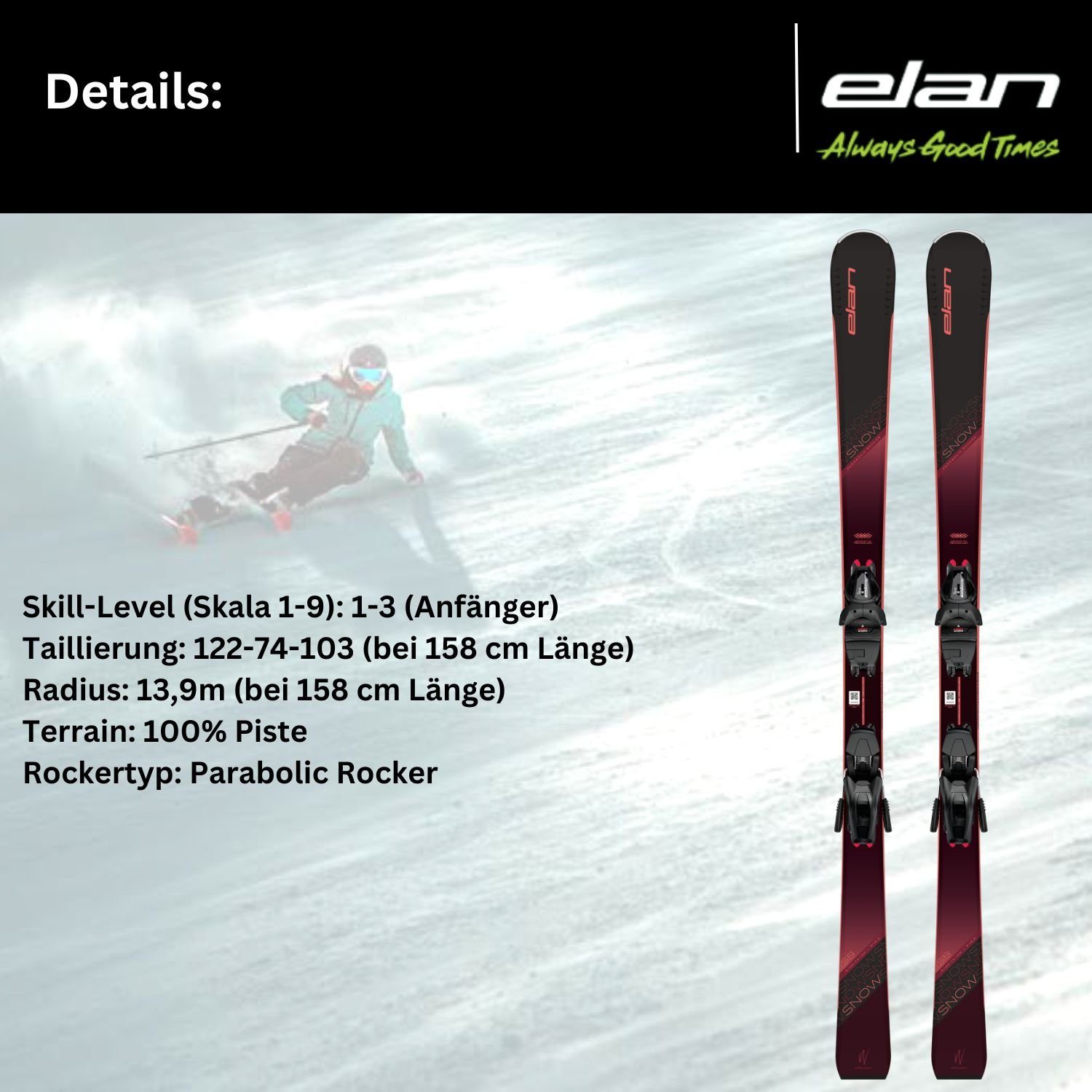 elan Ski, Damenski Ski Elan Snow / White Parabolic Rocker + Bindung EL9.0