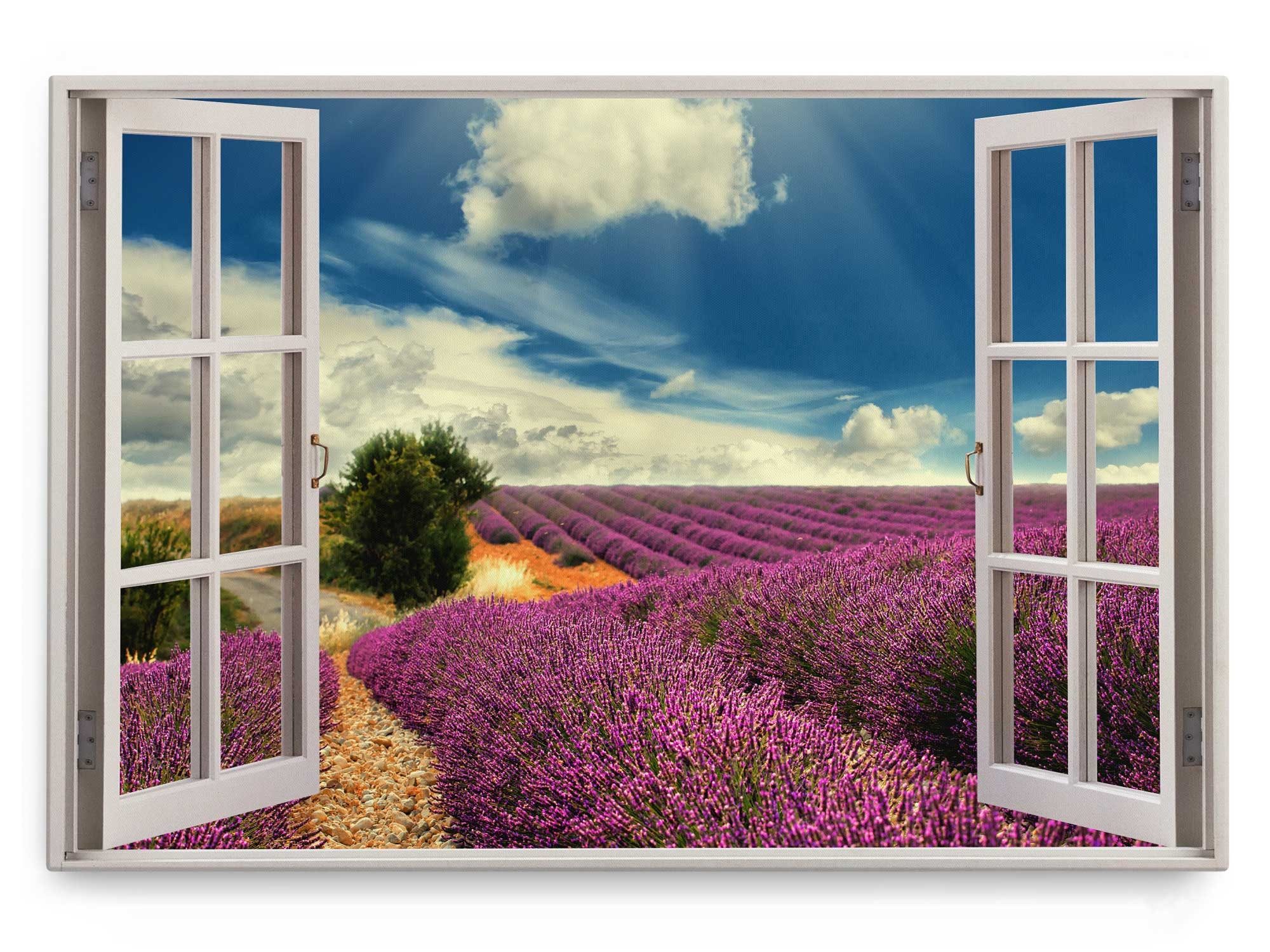 Sinus Art Leinwandbild Wandbild 120x80cm Fensterbild Blauer Himmel Lavendel Lavendel Feld Lan ...