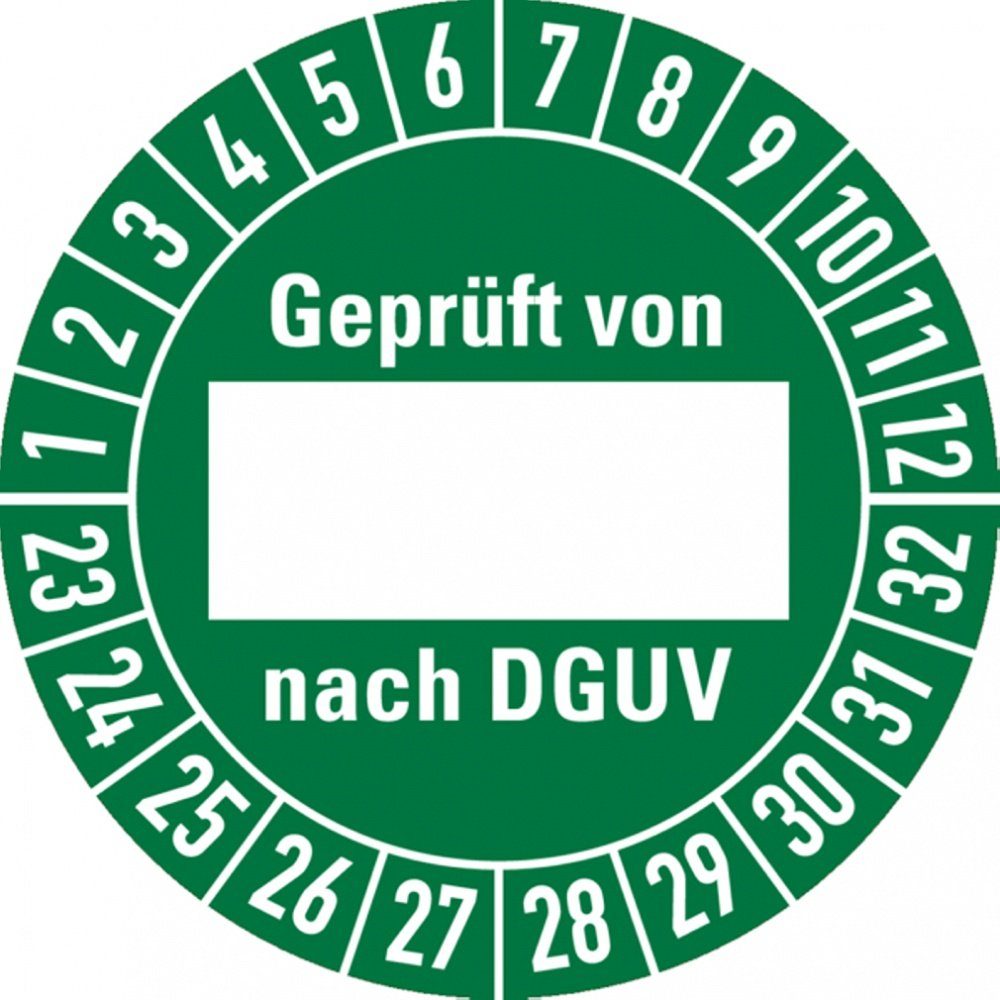 König Werbeanlagen Hinweisschild Prüfplak., gepr. von nach DGUV, grün/weiß, Folie, Ø30mm, 10Plak ...