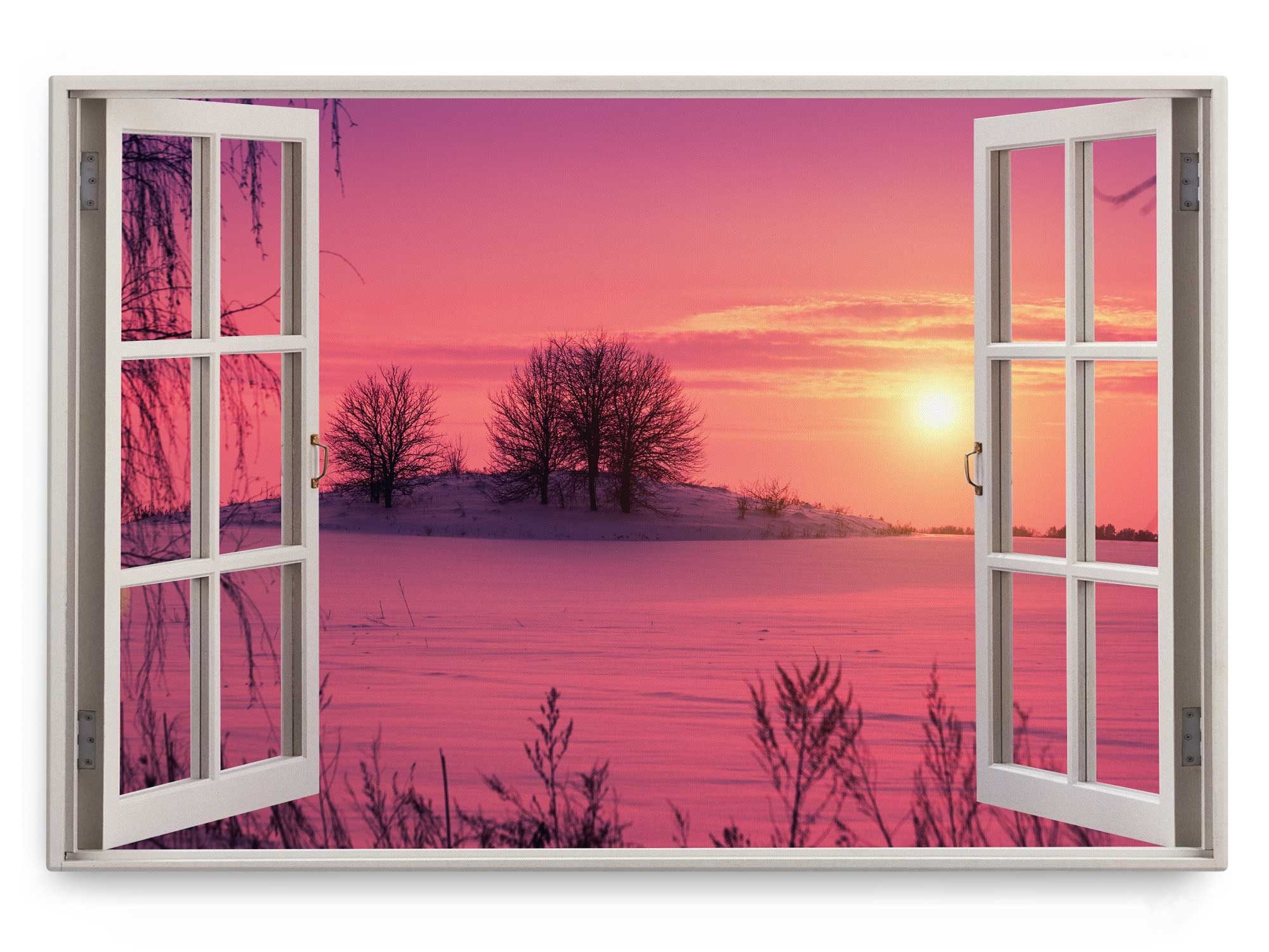 Sinus Art Leinwandbild Wandbild 120x80cm Fensterbild Winterlandschaft Abendrot Sonnenuntergan ...