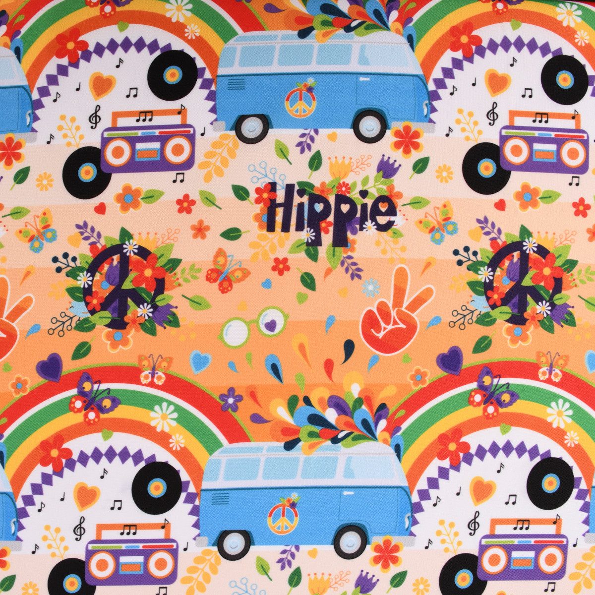 SchÖner Leben Stoff Faschingsstoff Polyester Flower Power Hippies Bus