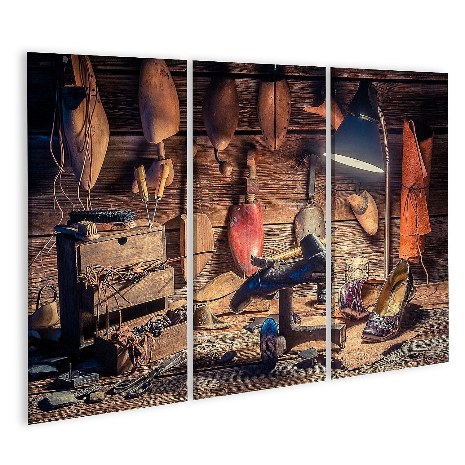 islandburner Leinwandbild Bild auf Leinwand Vintage Schuhmacher Arbeitsplatz mit Bürste und Schu