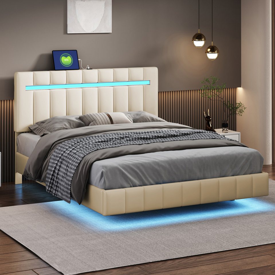 Blingbin Polsterbett Doppelbett Bett Schwebebettrahmen Mit Led