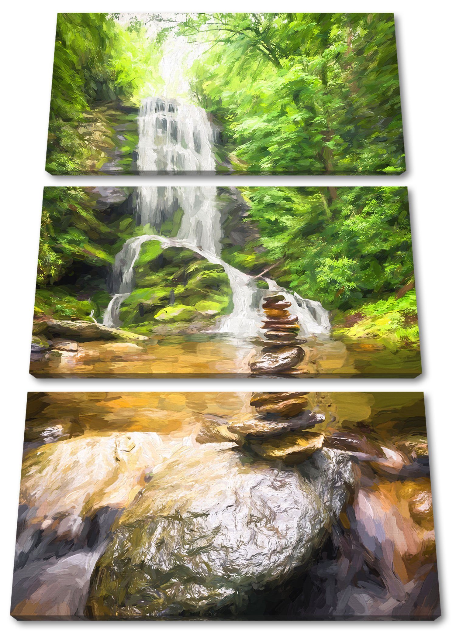 Pixxprint Leinwandbild Zen Steine vor Wasserfall Kunst, Zen Steine vor Wasserfall Kunst 3Teiler ...